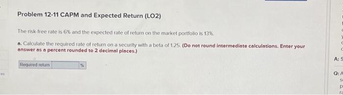 Solved Problem 12-11 CAPM and Expected Return (LO2) The | Chegg.com