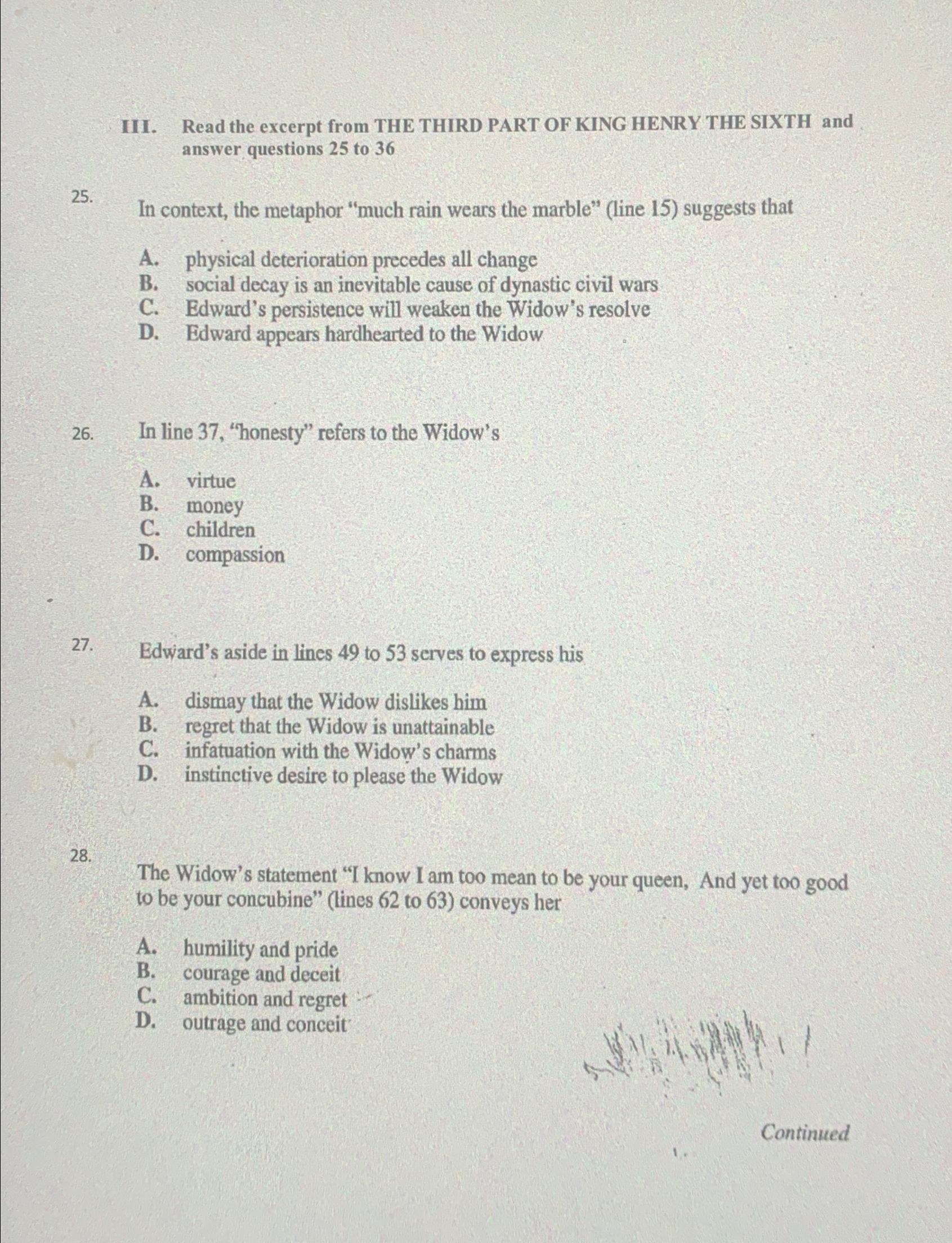 Solved III. Read the excerpt from THE THIRD PART OF KING | Chegg.com