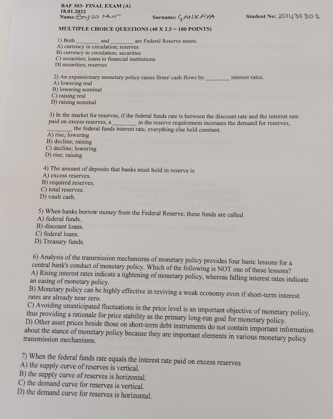 Solved BAF 303- FINAL EXAM (A) 18.01.2022 Name:Beyza Nur | Chegg.com
