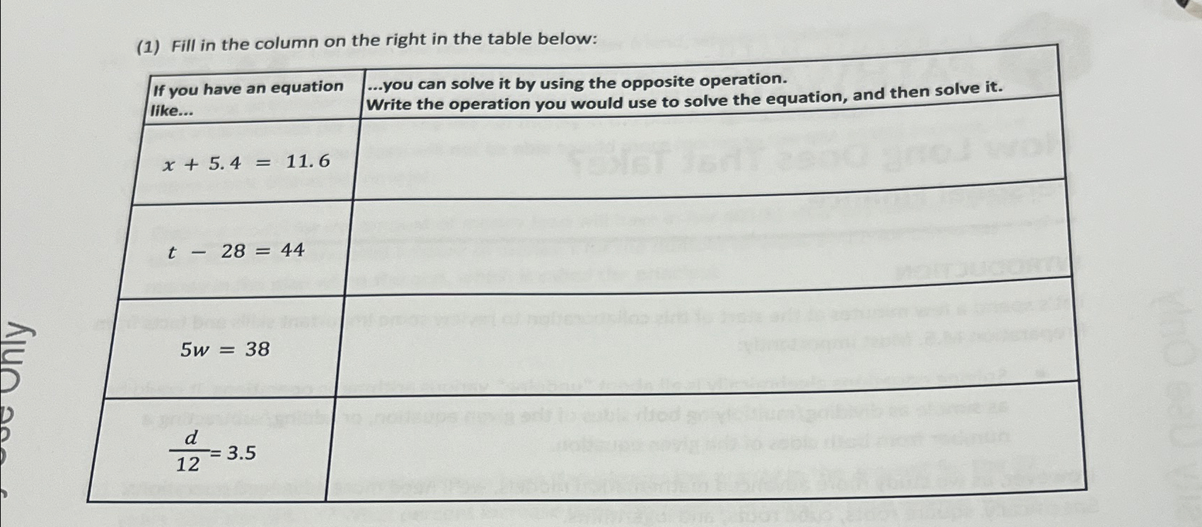 Solved (1) ﻿Fill in the column on the right in the table | Chegg.com