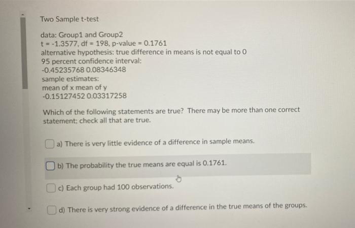 Solved Two Sample T Test Data Group1 And Group 2 T 0290