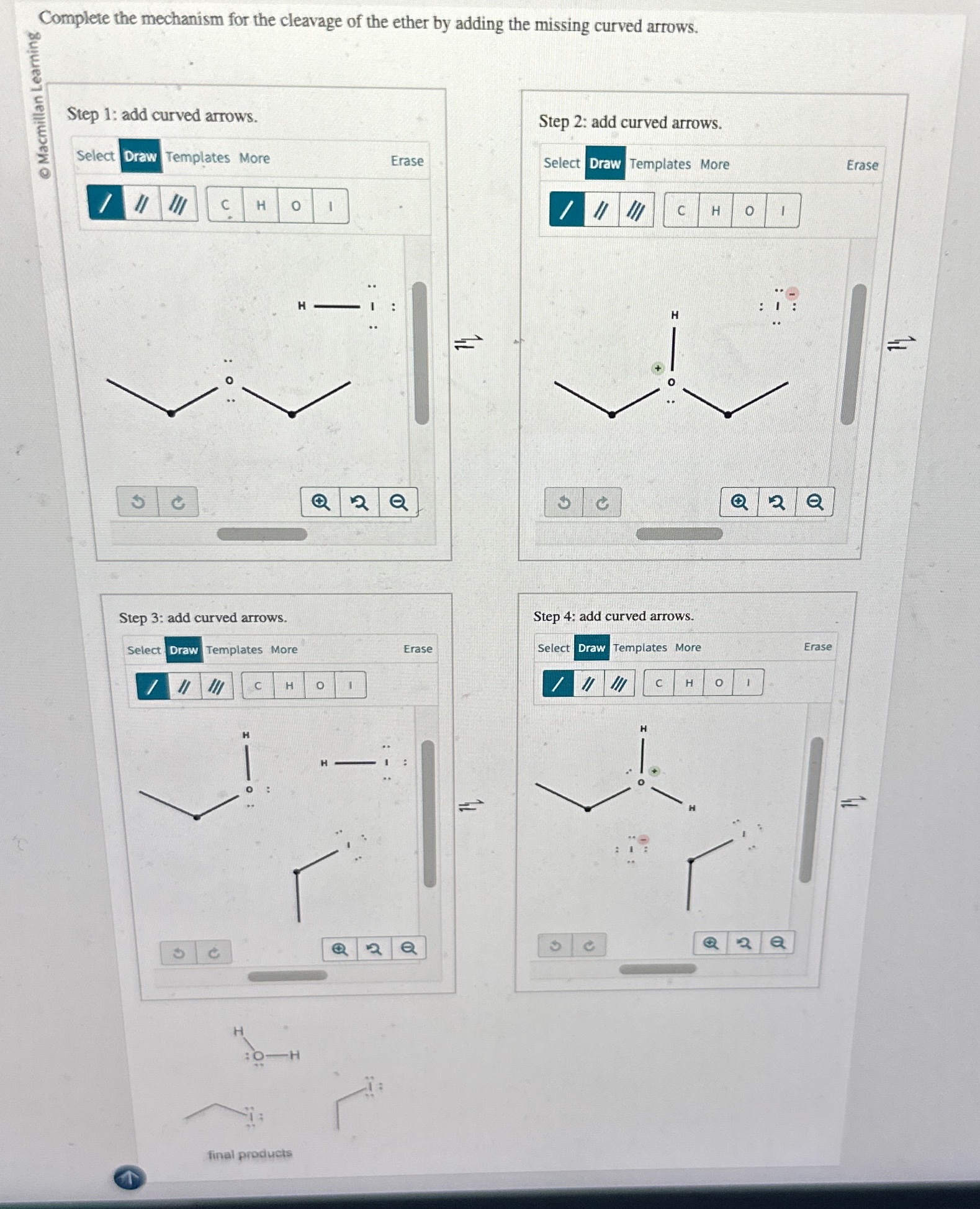 Complete the mechanism for the cleavage of the ether | Chegg.com