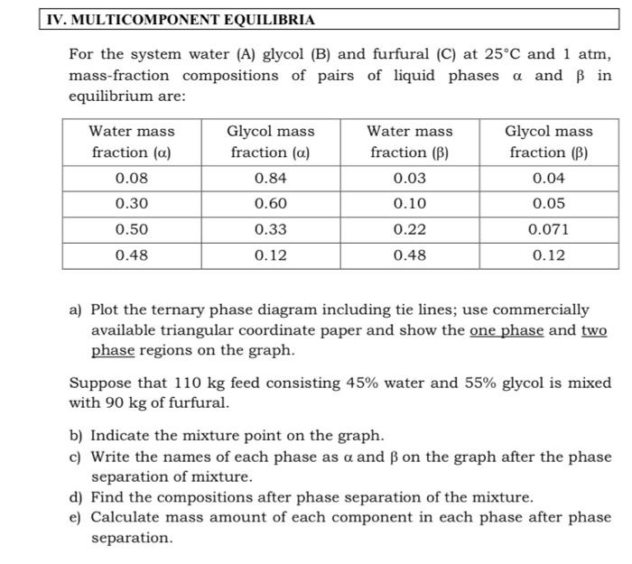 Solved IV. MULTICOMPONENT EQUILIBRIA For the system water | Chegg.com