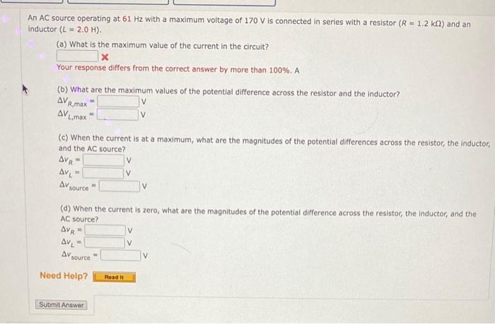 Solved Ac Source Operating At 61 Hz With A Maximum Voltage