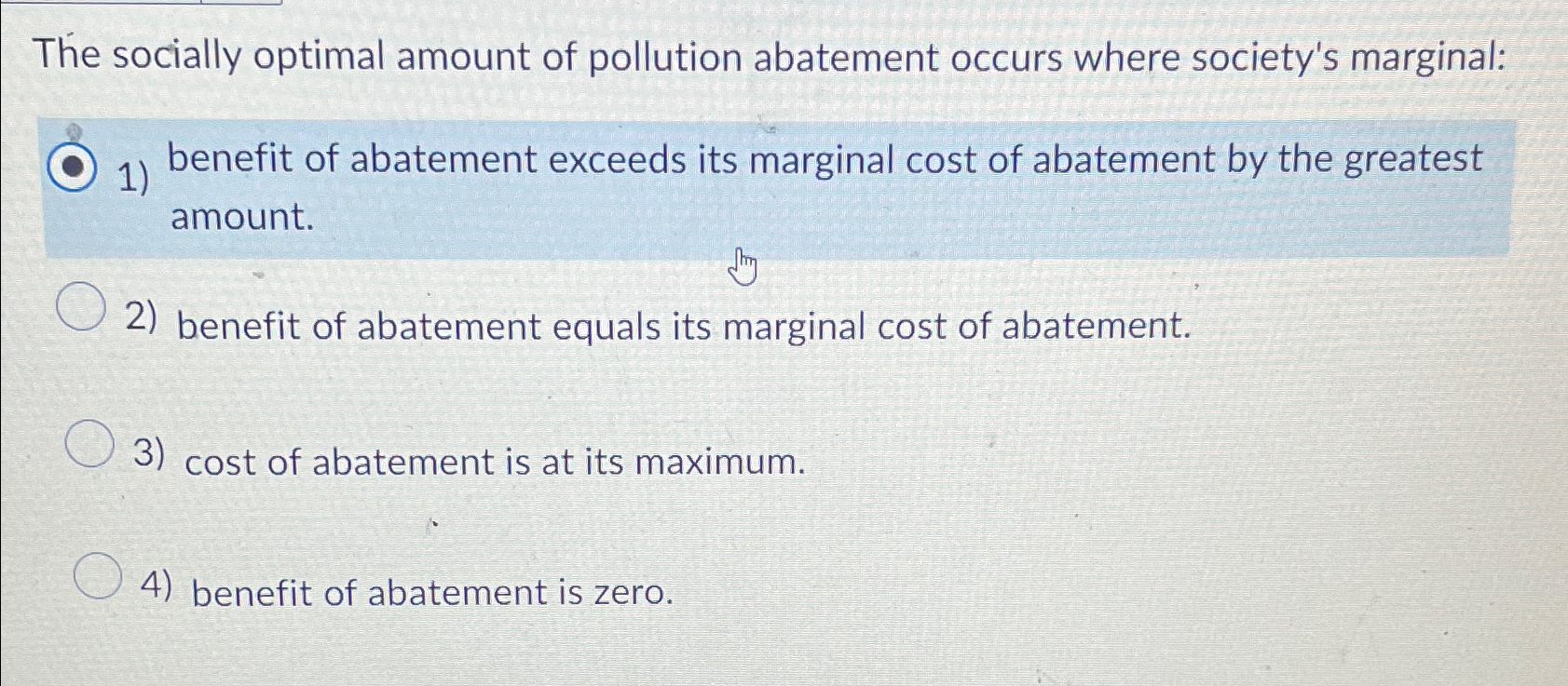 Solved The socially optimal amount of pollution abatement | Chegg.com