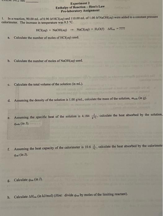 Solved 1. In a reaction, 90.00 mL of 0.90MHCl(aq) and 110.00 | Chegg.com