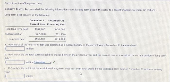 Solved Current portion of long-term debt Connie's Bistro, | Chegg.com