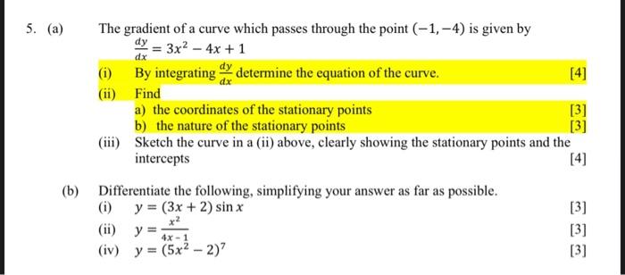 Solved (a) The gradient of a curve which passes through the | Chegg.com