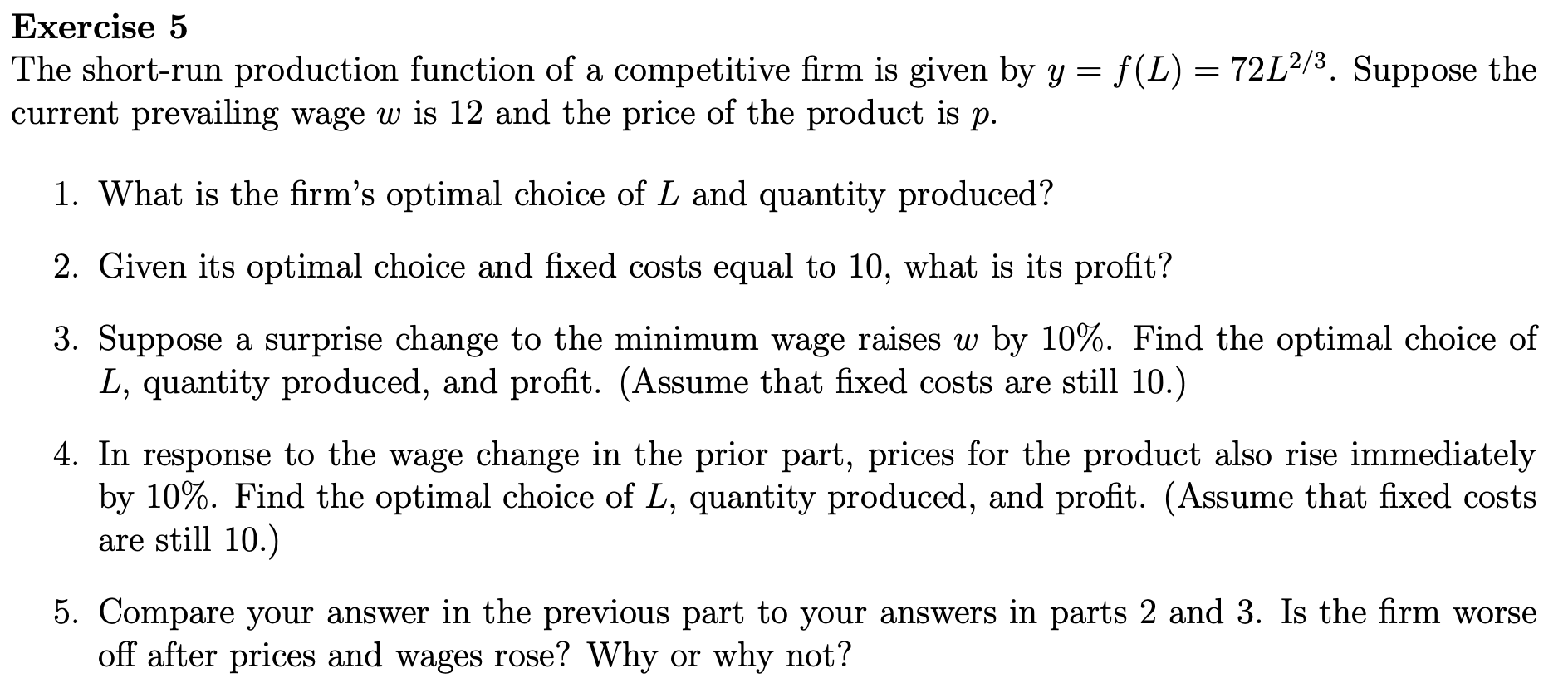 Solved Exercise 5 ﻿The short-run production function of a | Chegg.com