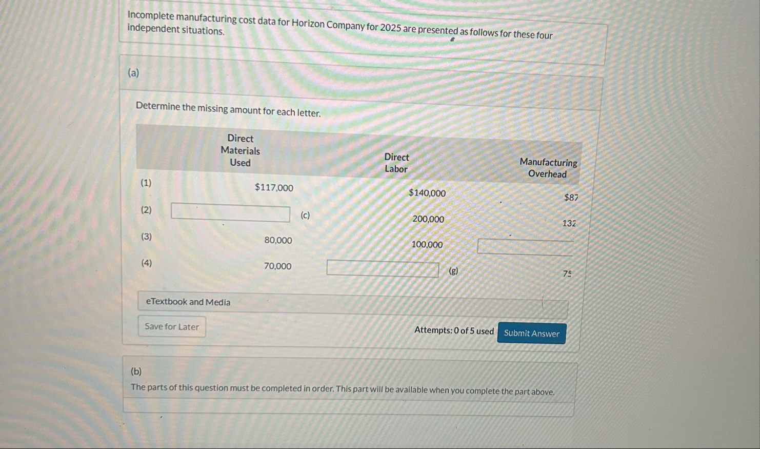 Solved Incomplete manufacturing cost data for Horizon | Chegg.com