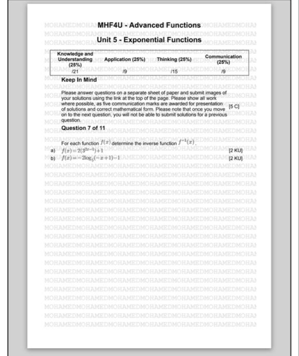 Solved MHF4U - Advanced Functions Unit 5 - Exponential | Chegg.com