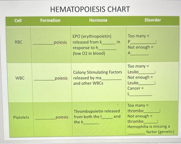 Solved HEMATOPOIESIS CHART | Chegg.com