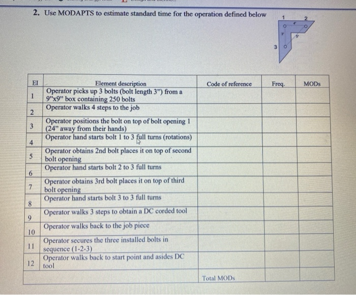 Solved 2. Use MODAPTS to estimate standard time for the | Chegg.com