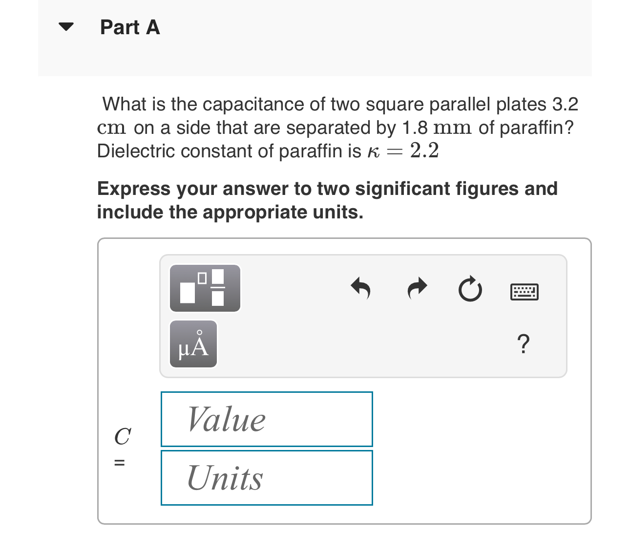 Solved Part AWhat is the capacitance of two square parallel | Chegg.com