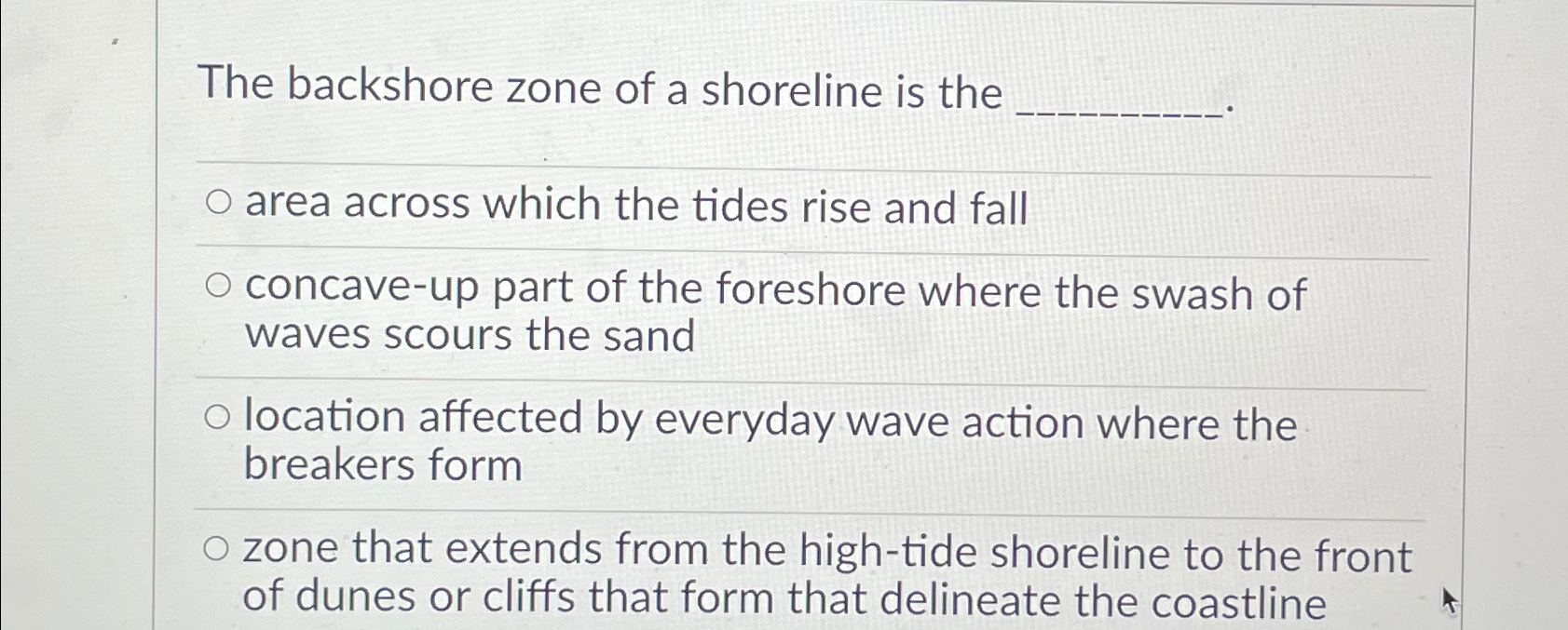 Solved The backshore zone of a shoreline is thearea across | Chegg.com