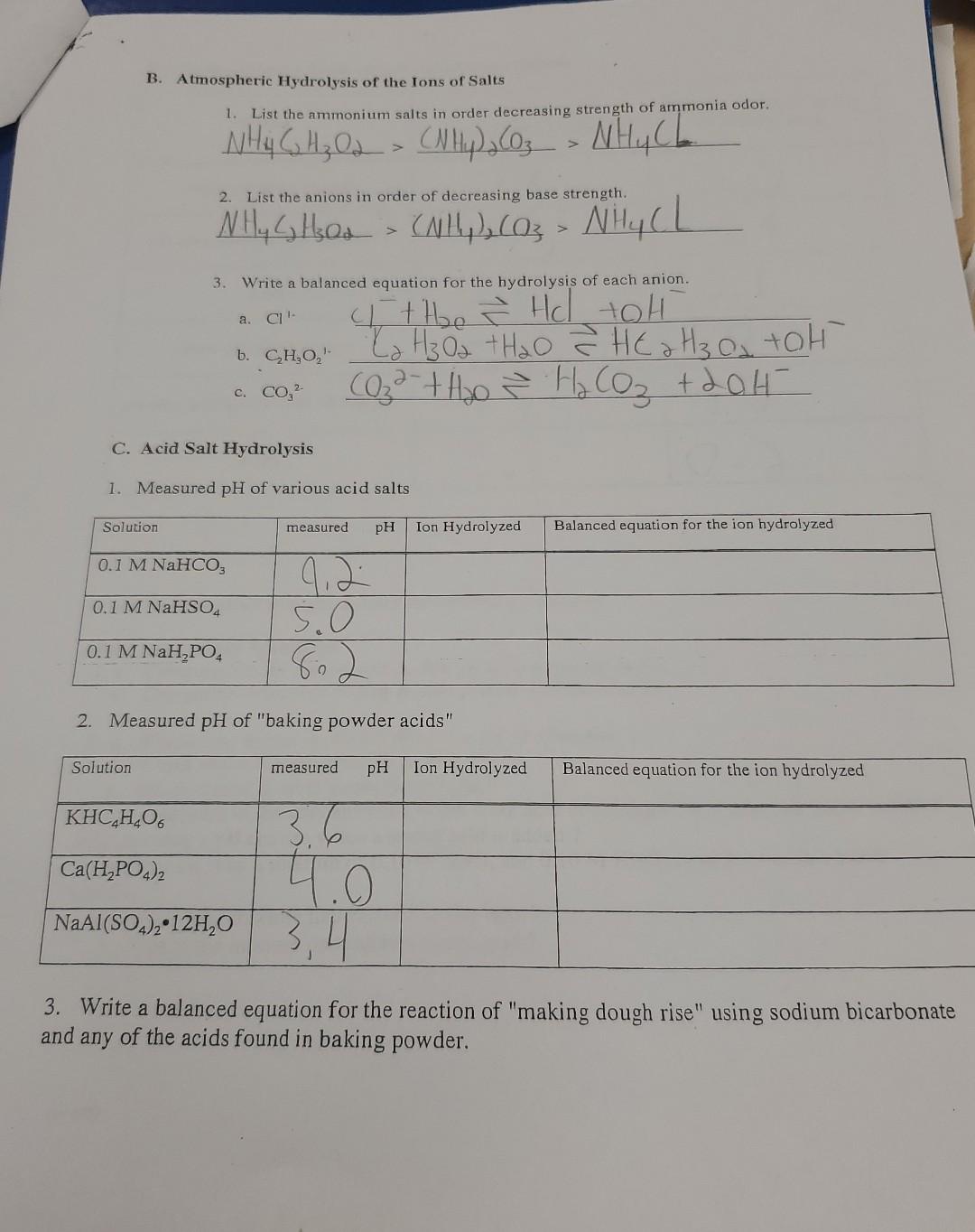 Solved B. Atmospheric Hydrolysis of the Ions of Salts 1. | Chegg.com | Chegg.com