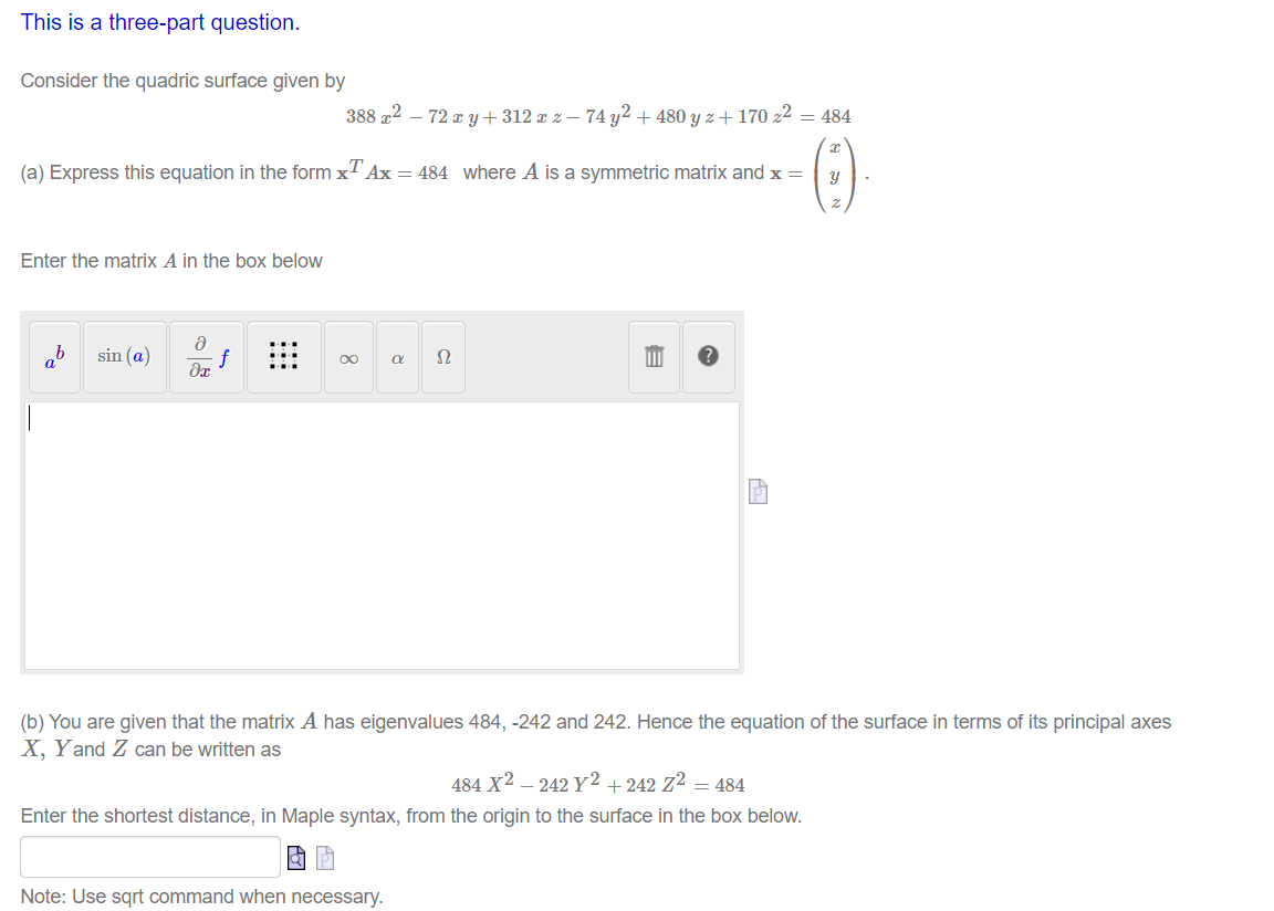 This is a three-part question.Consider the quadric | Chegg.com