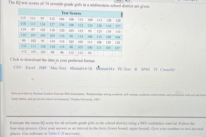 Solved The IQ test scores of 74 seventh-grade girls in a | Chegg.com