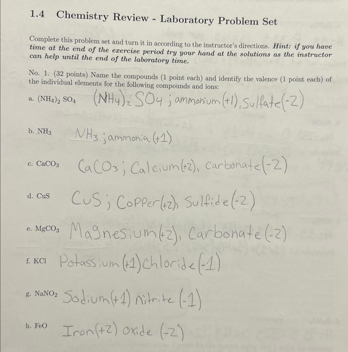 Solved 1.4 Chemistry Review - Laboratory Problem Set | Chegg.com