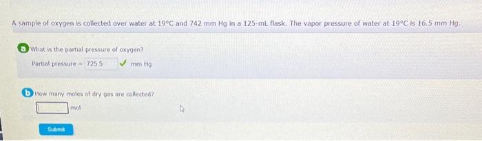 Solved A sample of oxygen is collected over water at 19∘C | Chegg.com