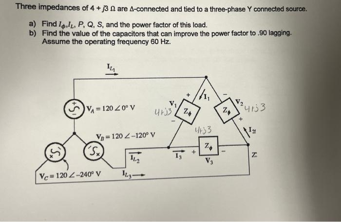 Solved Three impedances of 4+j3Ω are Δ-connected and tied to | Chegg.com