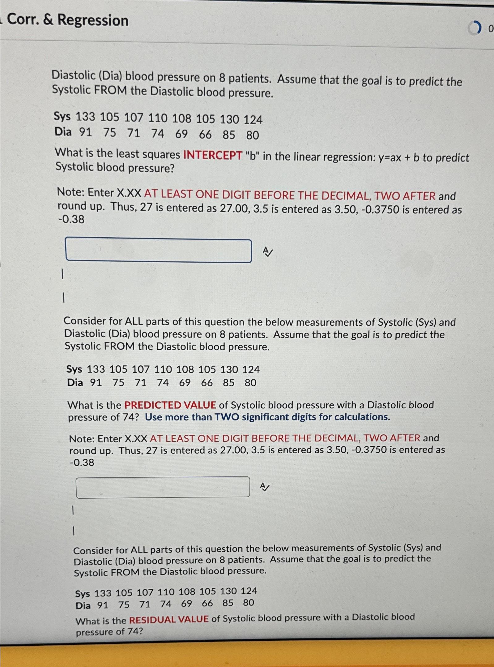 Solved Corr. & RegressionDiastolic (Dia) ﻿blood pressure on | Chegg.com