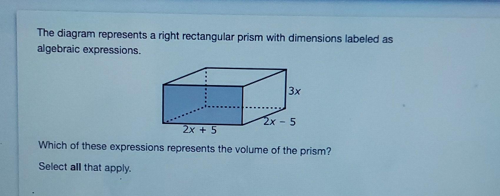 Solved The diagram represents a right rectangular prism with | Chegg.com