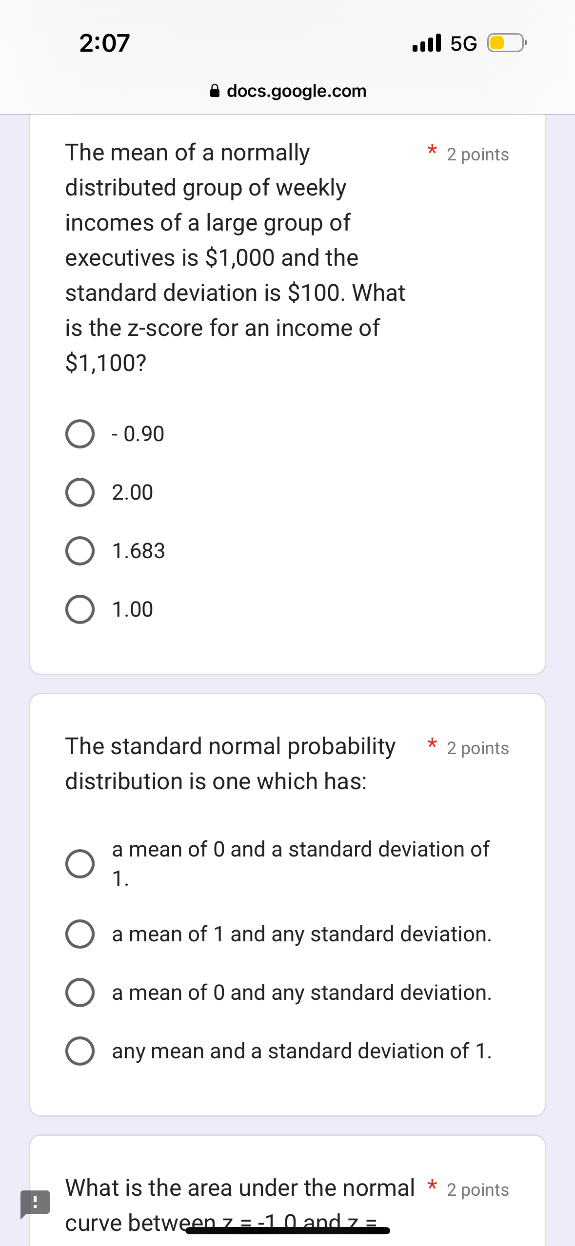 Solved 2:075Gdocs.google.comThe mean of a normally2 | Chegg.com