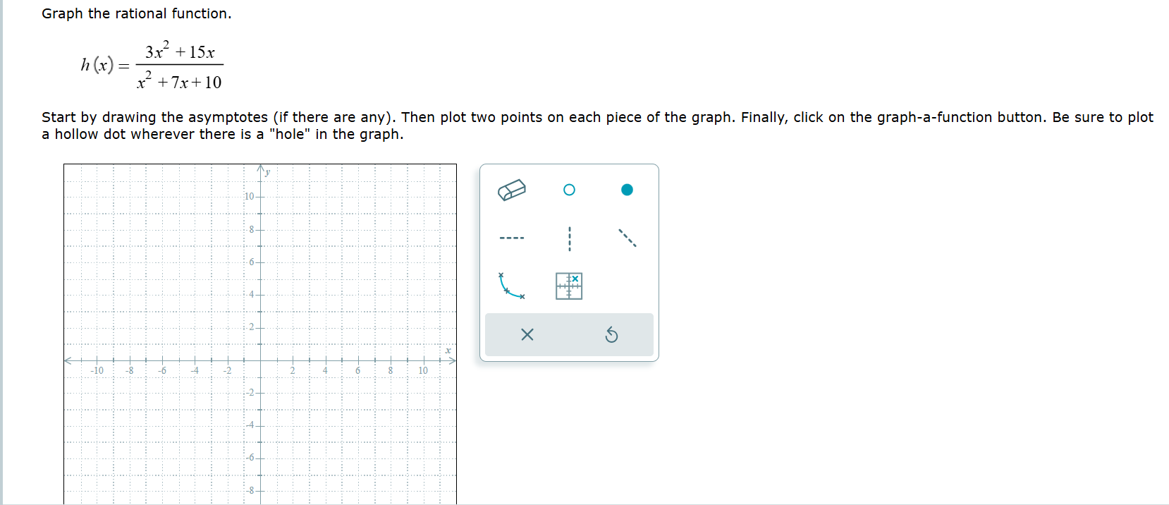 Solved Graph the rational function.h(x)=3x2+15xx2+7x+10Start | Chegg.com
