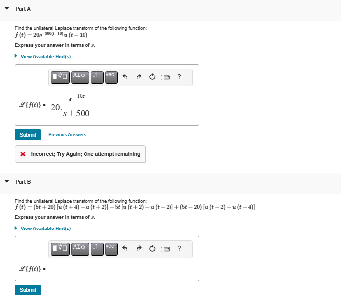 Solved Part AFind the unilateral Laplace transform of the | Chegg.com