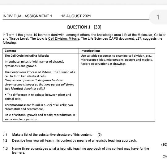 INDIVIDUAL ASSIGNMENT 1 13 AUGUST 2021 1 QUESTION 1 | Chegg.com