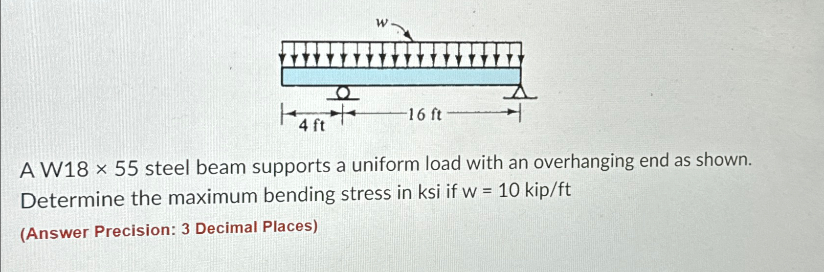 Solved A W18 ×55 ﻿steel beam supports a uniform load with an | Chegg.com