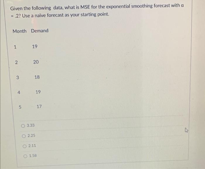 Solved Given the following data, what is MSE for the | Chegg.com
