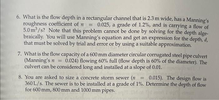 Solved 1. A 400 mm diameter concrete storm sewer (Manning's | Chegg.com