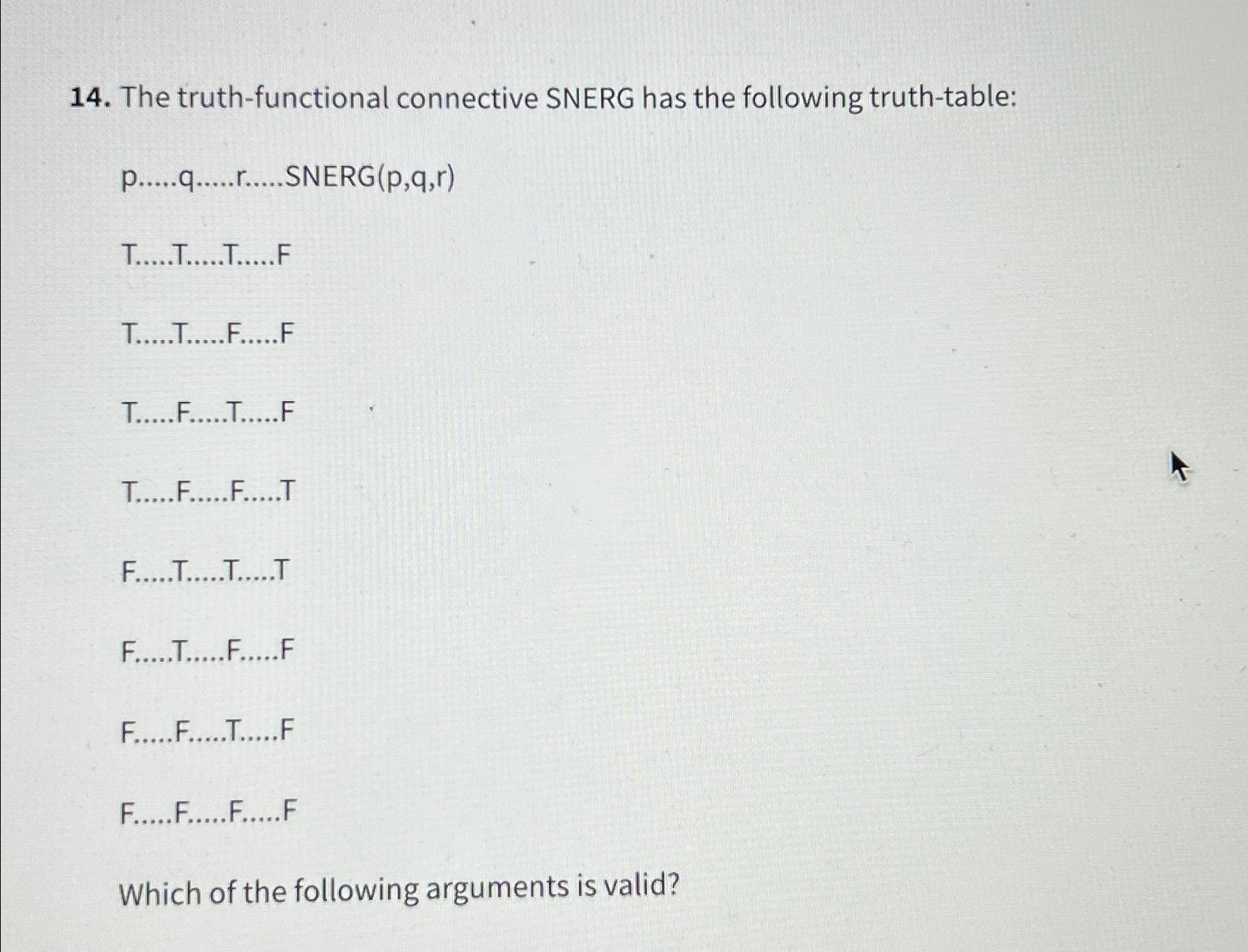 Solved The Truth Functional Connective Snerg Has The 