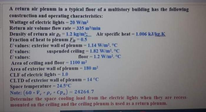 Solved A return air plenum in a typical floor of a | Chegg.com