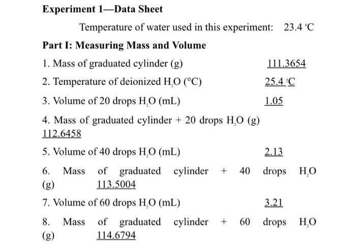 Solved Experiment 1–Data Sheet Temperature of water used in | Chegg.com