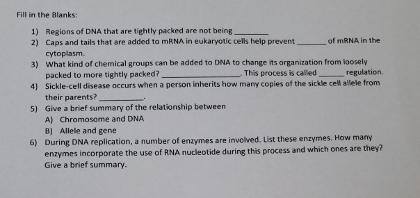 Solved Fill in the Blanks: 1) Regions of DNA that are | Chegg.com