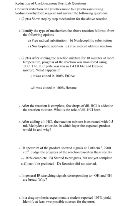 Solved Reduction of Cyclohexanone Post Lab Questions | Chegg.com