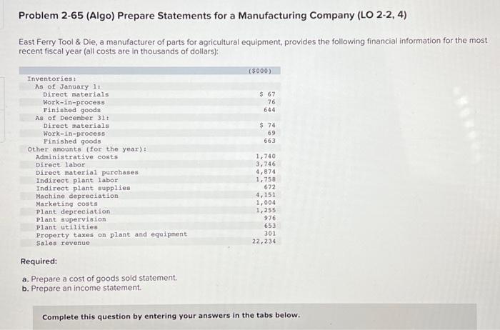 Solved Problem 2-65 (Algo) Prepare Statements for a | Chegg.com