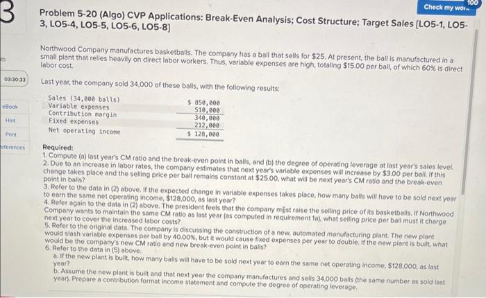 Solved Problem 5-20 (Algo) CVP Applications: Break-Even | Chegg.com