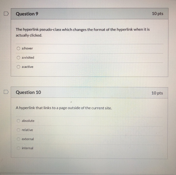 Solved Question 1 10 pts The hyperlink pseudo-class which | Chegg.com