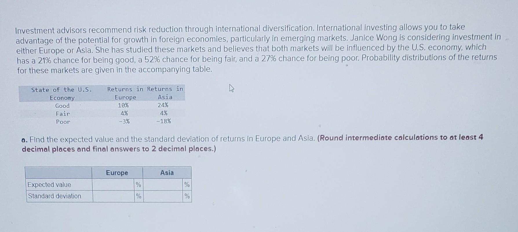 Solved Investment advisors recommend risk reduction through | Chegg.com