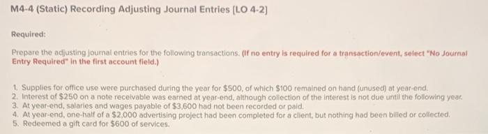 Solved M4-4 (Static) Recording Adjusting Journal Entries [LO | Chegg.com