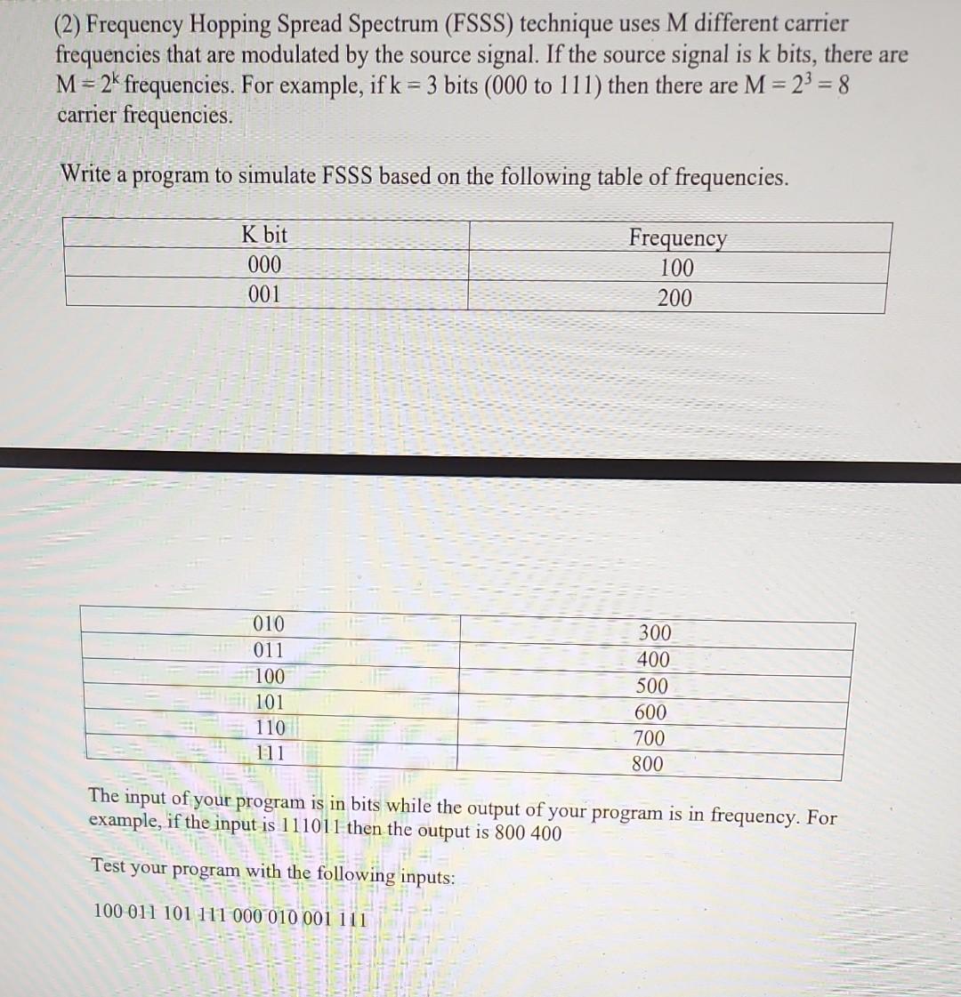 Solved 2 Frequency Hopping Spread Spectrum Fsss