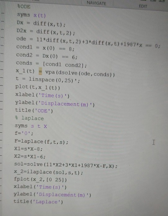 Solved 0 : NAVIGATE EDIT SODE syms x(t) Dx = diff(x, t); D2x | Chegg.com