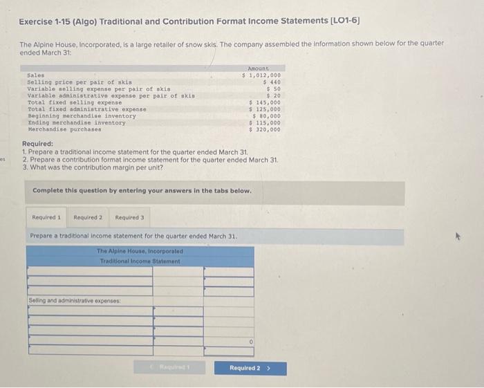 Solved Exercise 1-15 (Algo) Traditional and Contribution | Chegg.com