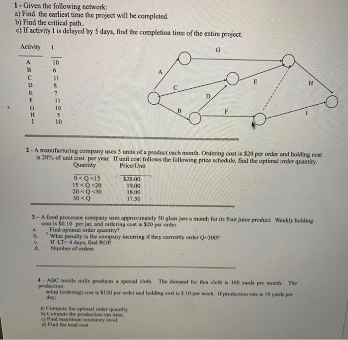 Solved 1 - Given the following network: a) Find the earliest | Chegg.com