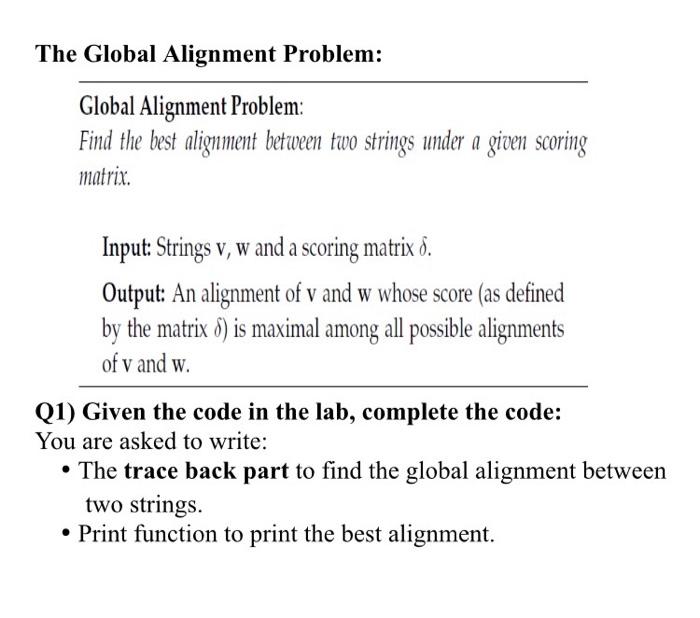 Solved The Global Alignment Problem: Global Alignment | Chegg.com