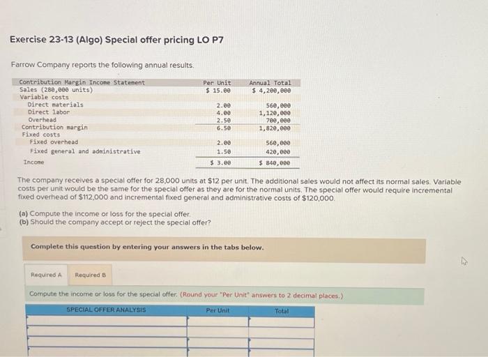 Solved Exercise 23-13 (Algo) Special offer pricing LO P7 | Chegg.com